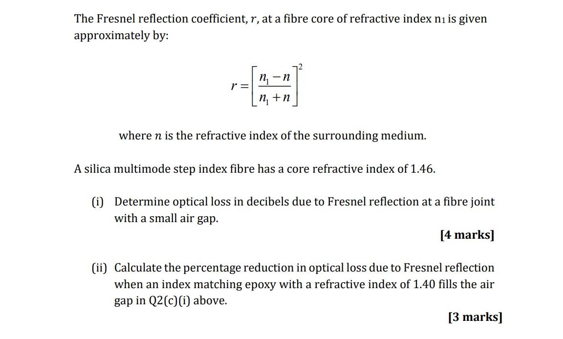 Solved The Fresnel reflection coefficient, r, at a fibre | Chegg.com