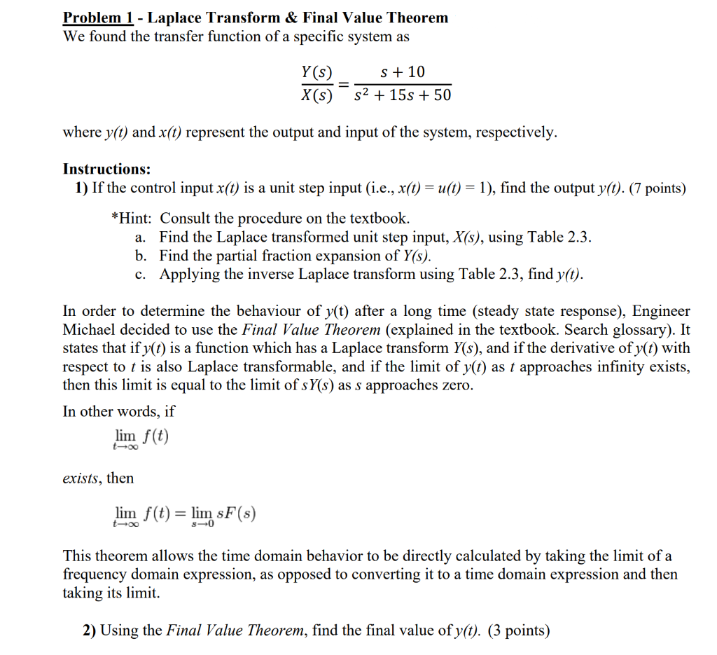 Solved Problem 1 - Laplace Transform \& Final Value Theorem | Chegg.com