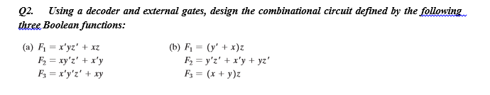 Solved Q2. Using a decoder and external gates, design the | Chegg.com