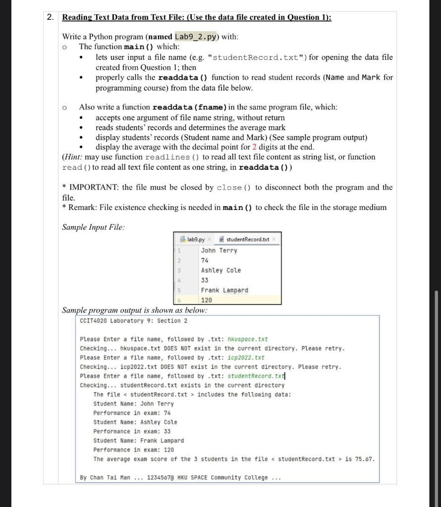Solved Reading Text Data from Text File: (Use the data file | Chegg.com