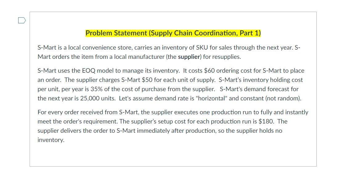 Solved Problem Statement (Supply Chain Coordination, Part 1) | Chegg.com