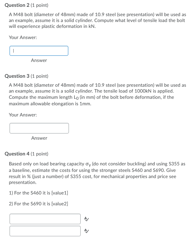 Solved Mechanical properties of bolt steel Metric Bolts | Chegg.com