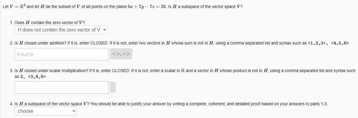 Solved Let V=R3 and let H be the subset of V of all points | Chegg.com