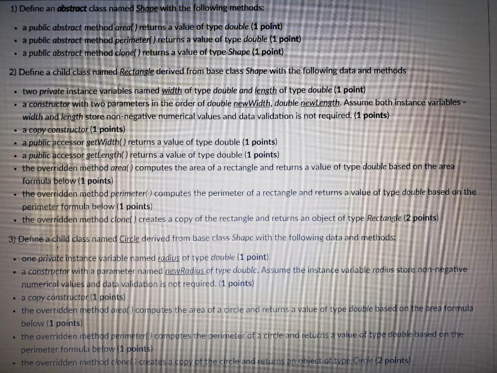 Solved 1) Define an abstract class named Shape with the | Chegg.com