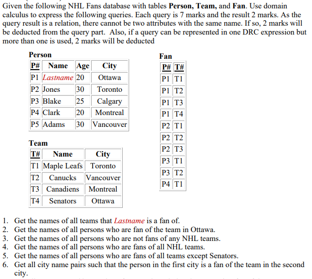 Solved 30 Given the following NHL Fans database with tables | Chegg.com
