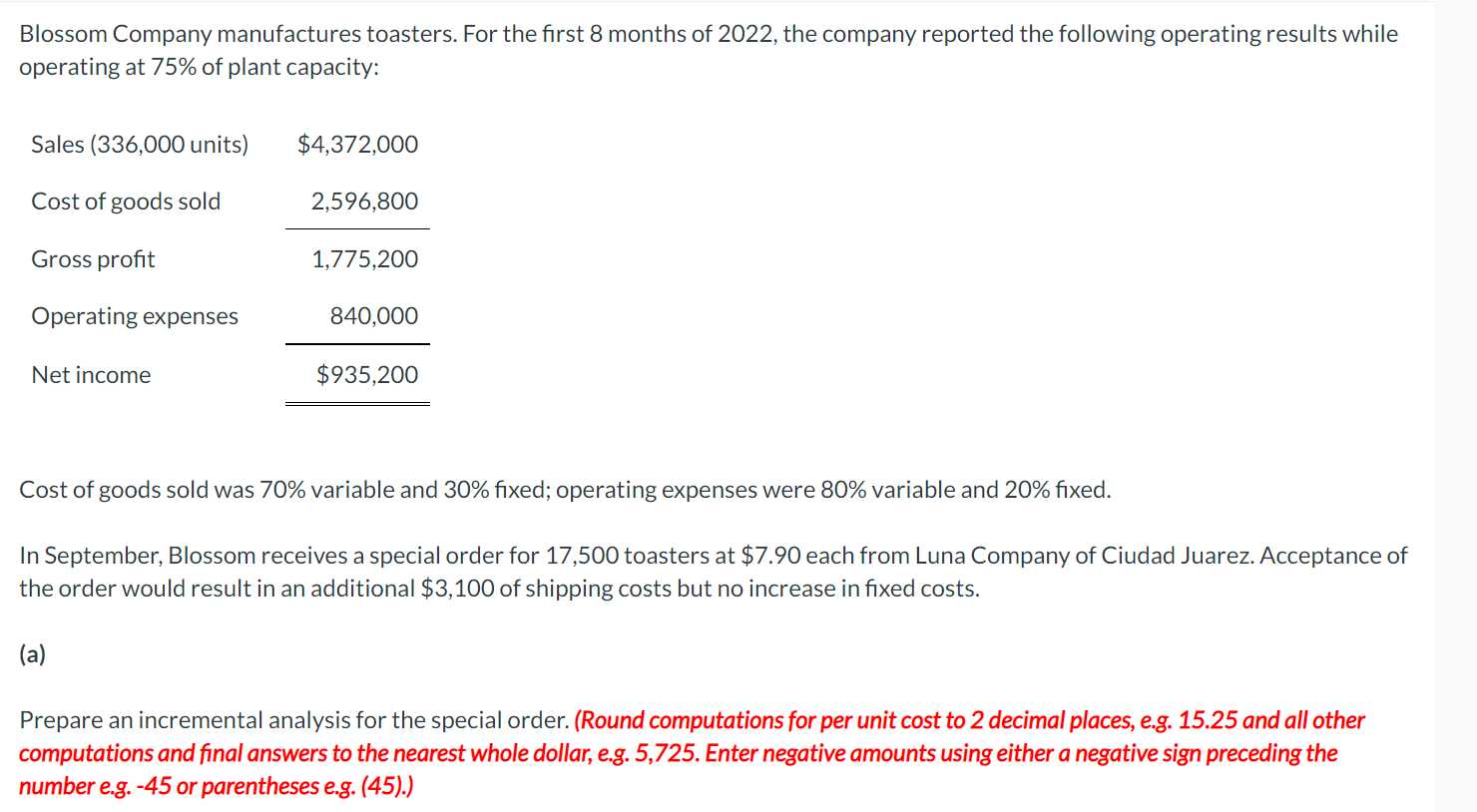 Solved Blossom Company manufactures toasters. For the first | Chegg.com