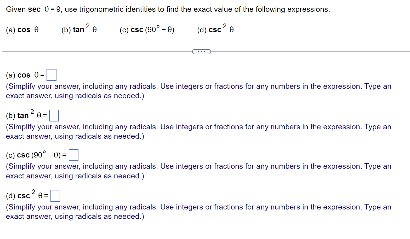 Solved Given csc \theta =9, ﻿use trigonometric identities to | Chegg.com
