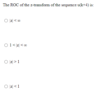 Solved The ROC of the z-transform of the sequence u(k+4) is: | Chegg.com