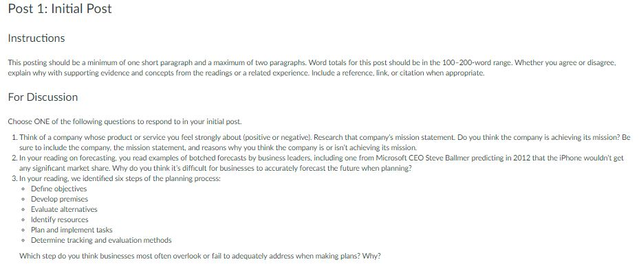 Solved Post 1: Initial Post Instructions This posting should | Chegg.com