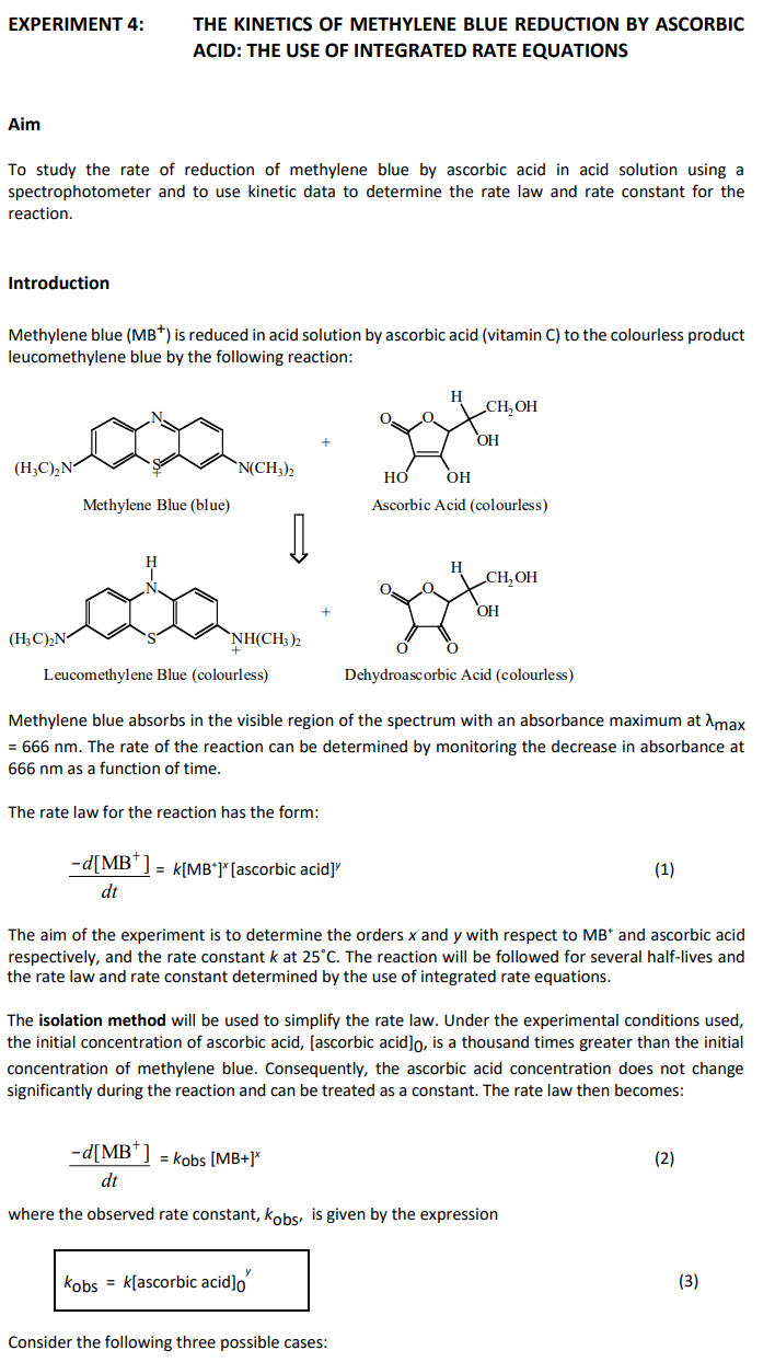 I had a lab on kinetics of methylene blue reduction | Chegg.com