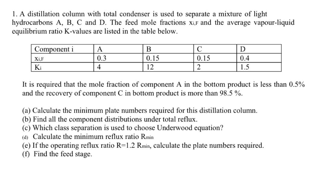 Solved 1. A distillation column with total condenser is used | Chegg.com
