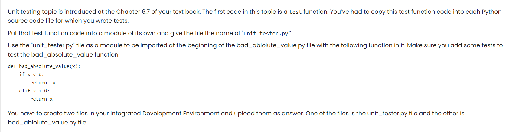 Solved Unit testing topic is introduced at the Chapter 6.7 | Chegg.com