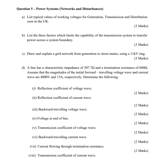 Solved Question 5 - Power Systems (Networks and | Chegg.com
