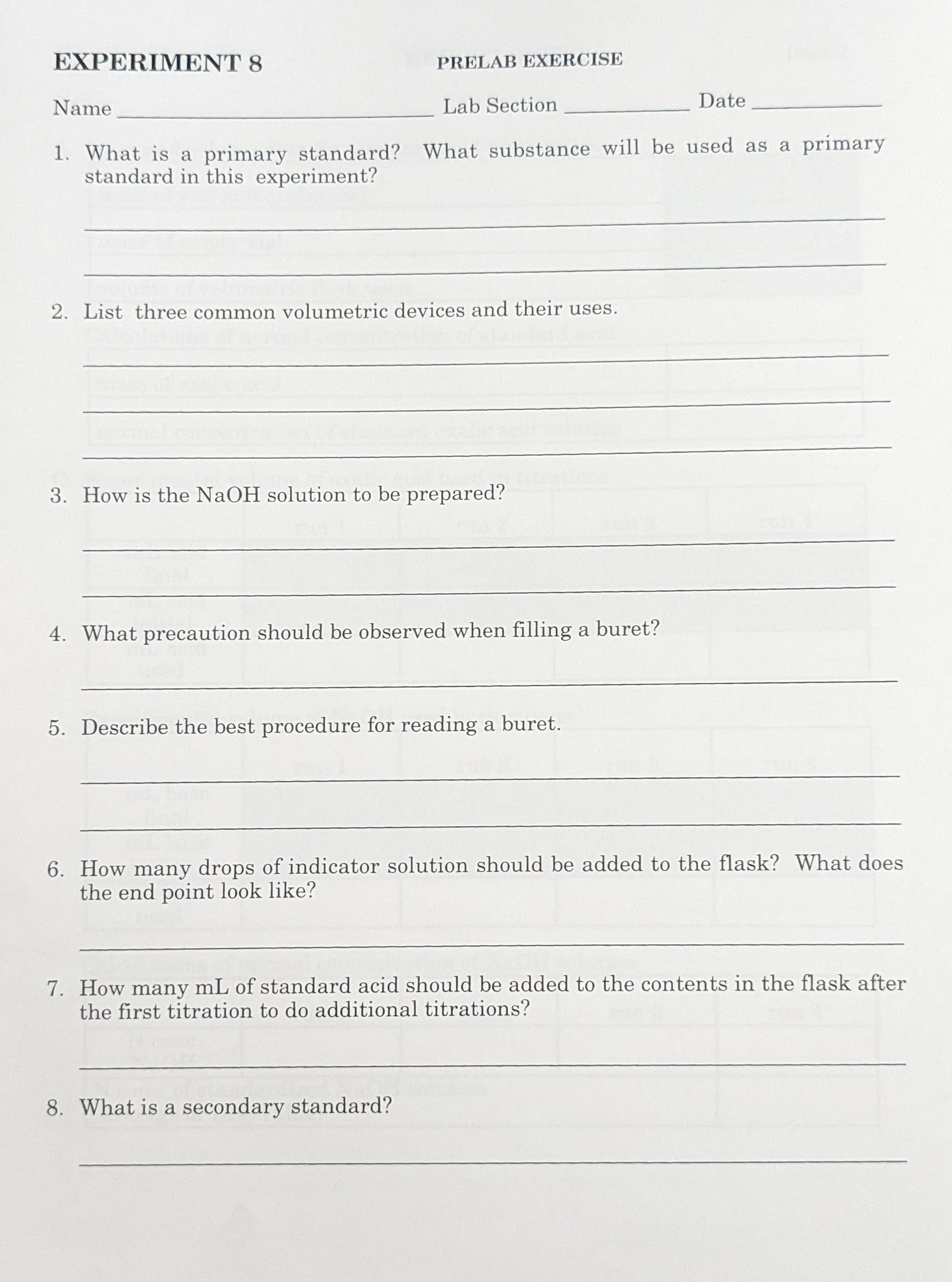 Solved 1. What is a primary standard? What substance will be | Chegg.com