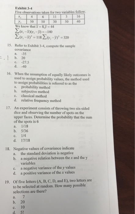 Solved Exhibit 3-4 Five observations taken for two variables | Chegg.com