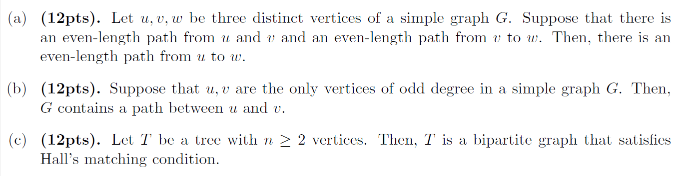Solved (a) (12pts). Let u, v, w be three distinct vertices | Chegg.com