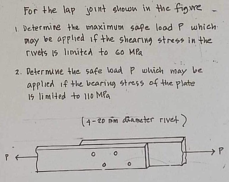 Solved For the lap joint shown in the figure 1. Determine | Chegg.com