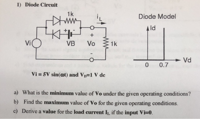 Solved 1) Diode Circuit 1 k Diode Model ld Vi VB Vo 1k 0 0.7 | Chegg.com