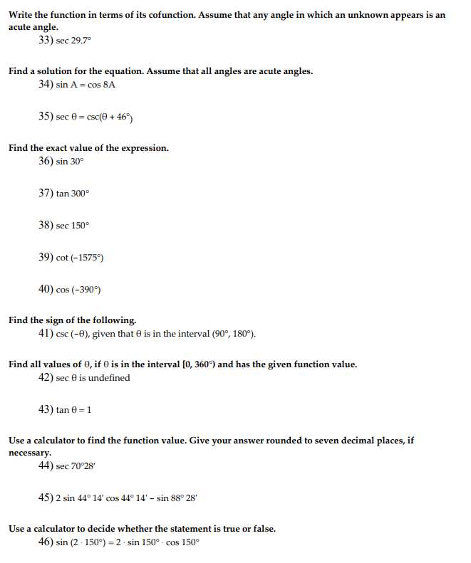 Solved Write the function in terms of its cofunction. Assume | Chegg.com