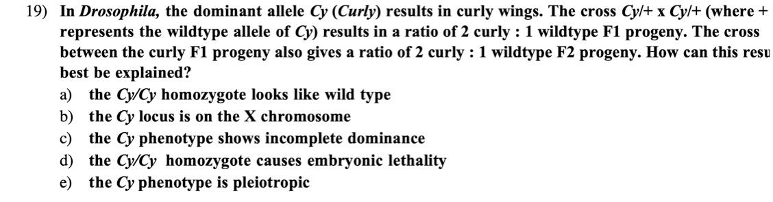 Solved 9) In Drosophila, the dominant allele Cy (Curly) | Chegg.com