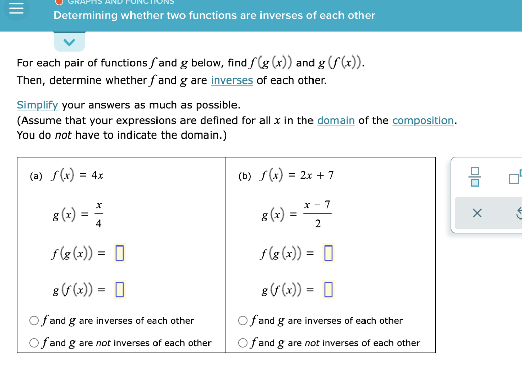 Solved Determining whether two functions are inverses of | Chegg.com
