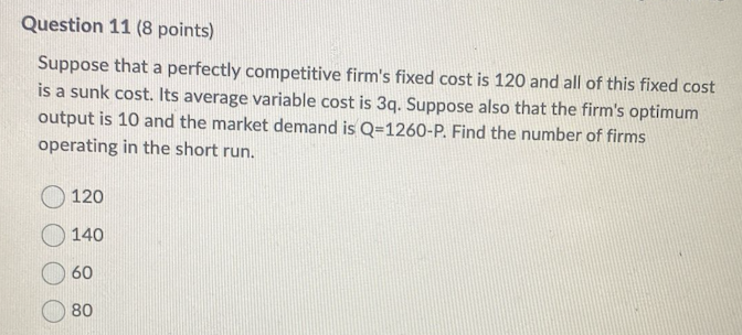 Solved Suppose that a perfectly competitive firm's fixed | Chegg.com