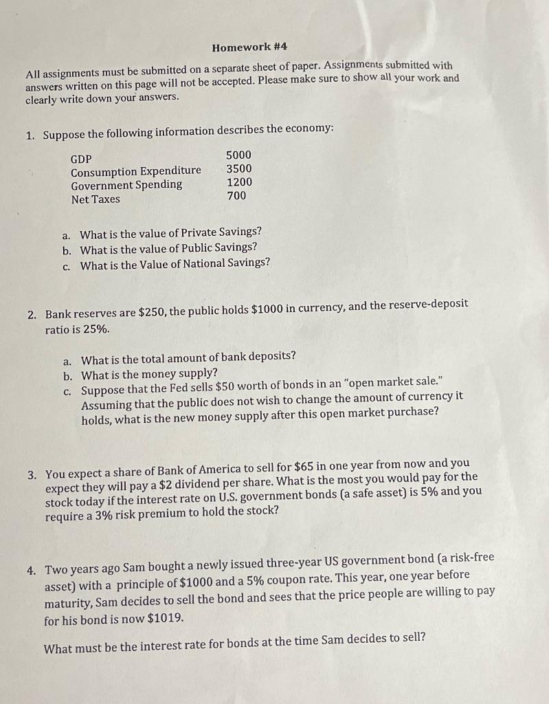 Solved All assignments must be submitted on a separate sheet | Chegg.com