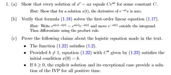 Solved 1. (a) Show that every solution of x' = ax equals | Chegg.com