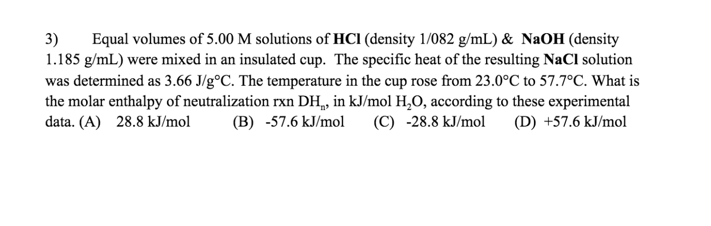 Solved 3) Equal volumes of 5.00 M solutions of HCl (density | Chegg.com