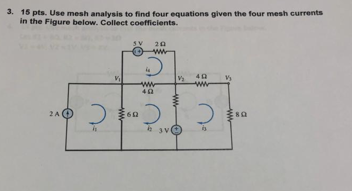 Solved 3. 15 pts. Use mesh analysis to find four equations | Chegg.com