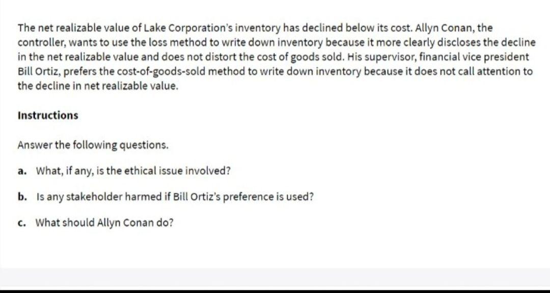 Solved The net realizable value of Lake Corporation's | Chegg.com