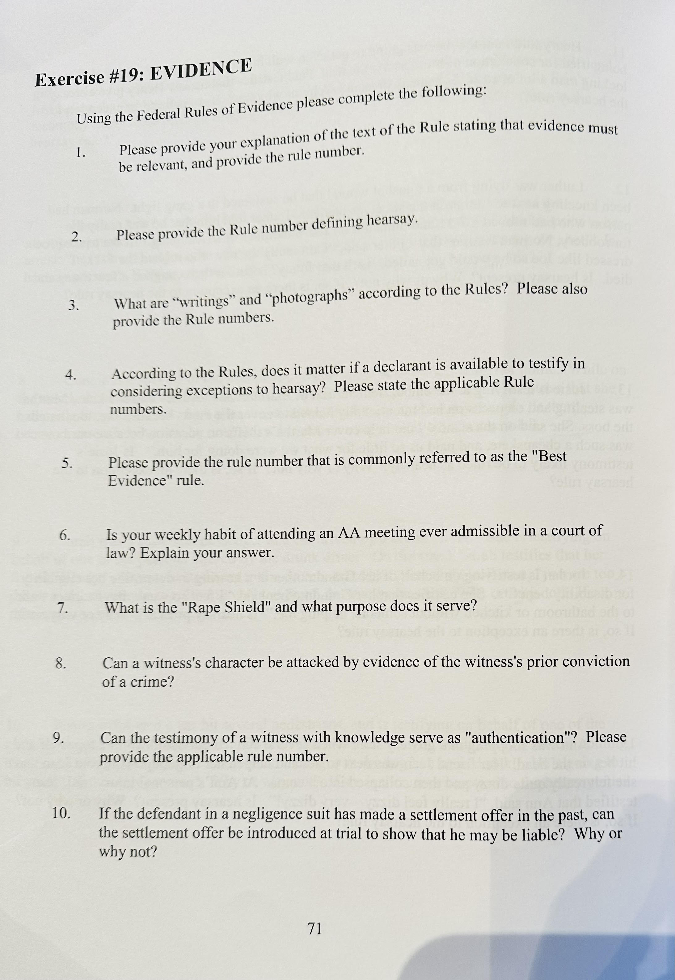 Exercise \#19: EVIDENCE Using the Federal Rules of | Chegg.com