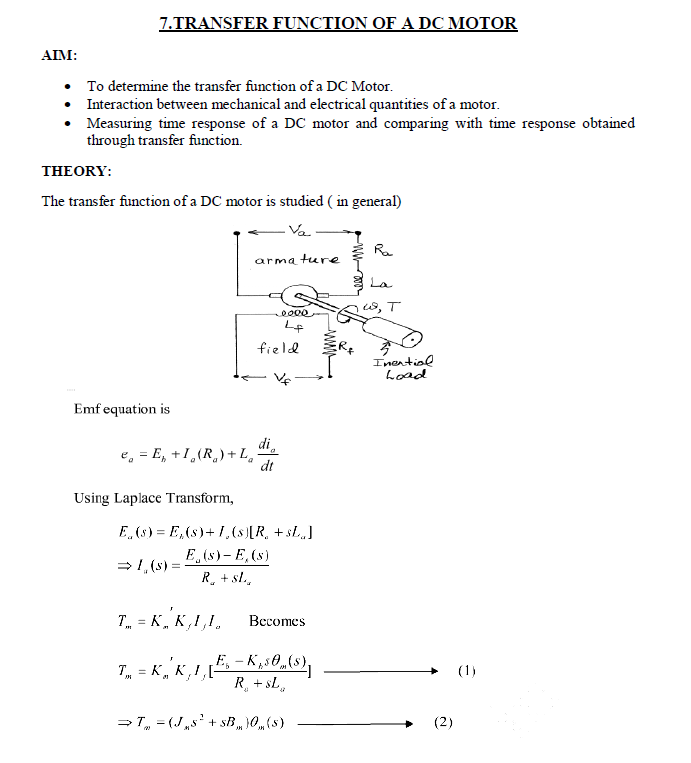 Solved 7.TRANSFER FUNCTION OF A DC MOTOR AIM To determine | Chegg.com