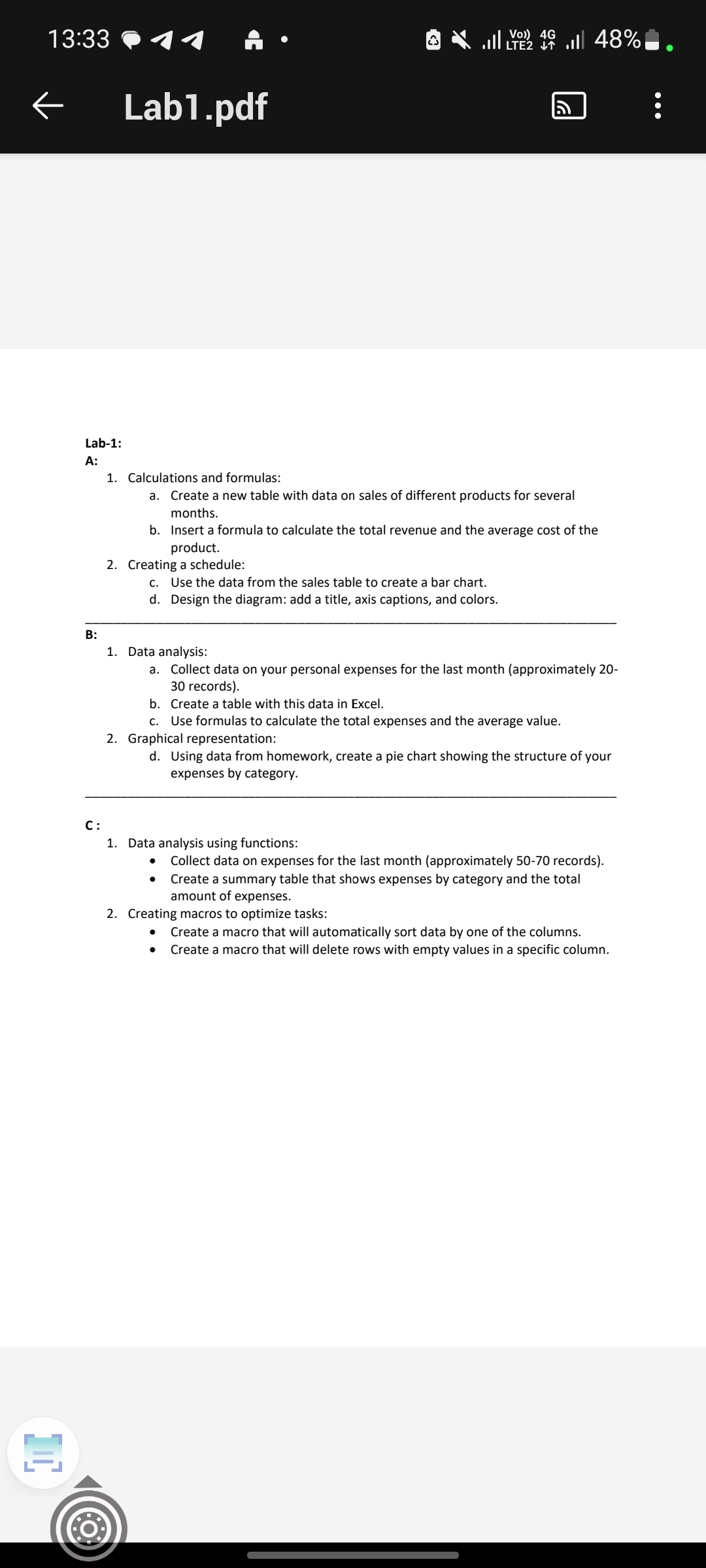 Lab-1: A: 1. Calculations and formulas: a. Create a | Chegg.com