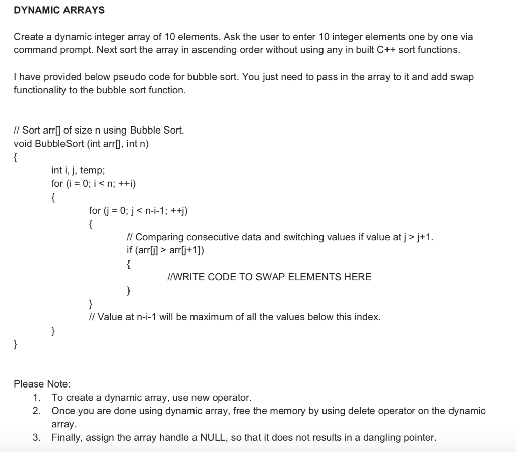 Solved Dynamic Arrays Create A Dynamic Integer Array Of 10 9631