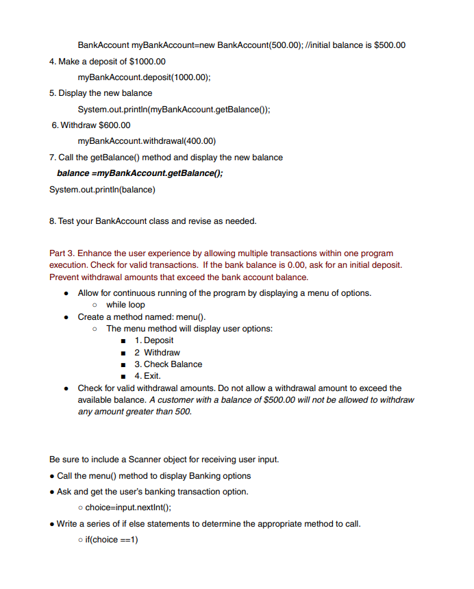 Solved Part I-Write Java code for the BankAccount | Chegg.com