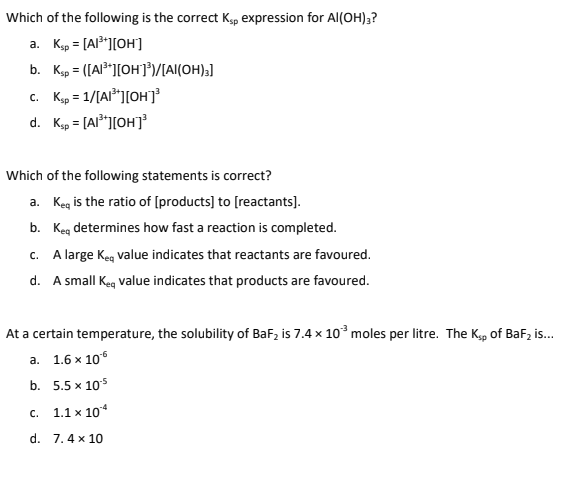 Solved Which of the following is the correct Ksp expression | Chegg.com