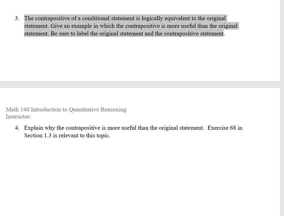 Solved The contrapositive of a conditional statement is | Chegg.com