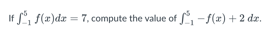 Solved If ∫−15f(x)dx=7, compute the value of ∫−15−f(x)+2dx | Chegg.com