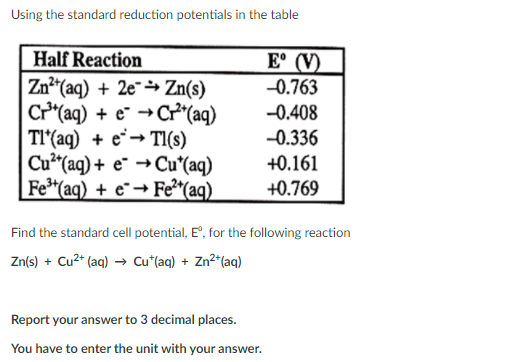 Solved Using the standard reduction potentials in the table | Chegg.com