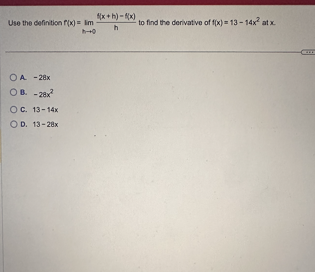 Solved Use the definition f(x)=limh→0hf(x+h)−f(x) to find | Chegg.com