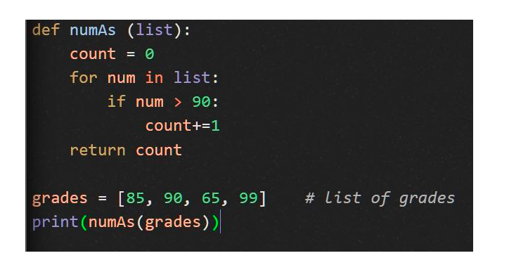 Solved def numAs (list): count \\( =0 \\) for num in list: | Chegg.com