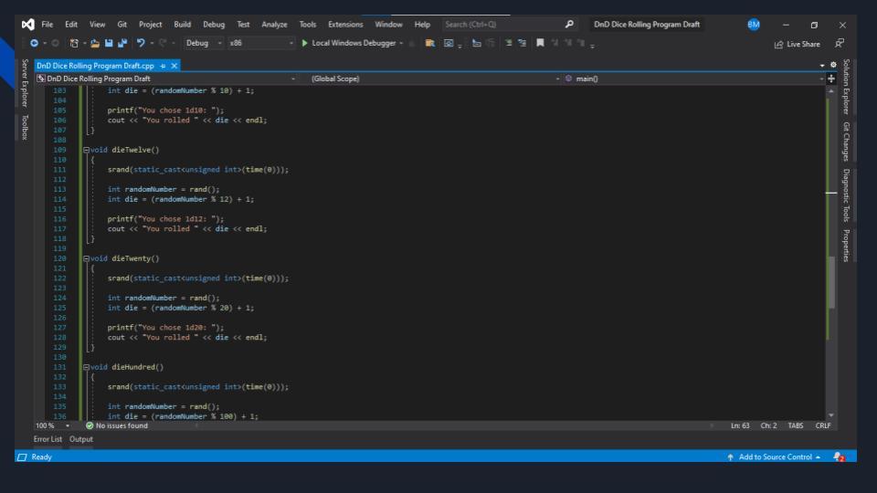 Solved Screenshots of code Ono Dice Rolling Program Delt EM | Chegg.com