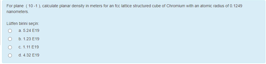 Solved For plane (10-1), calculate planar density in meters | Chegg.com