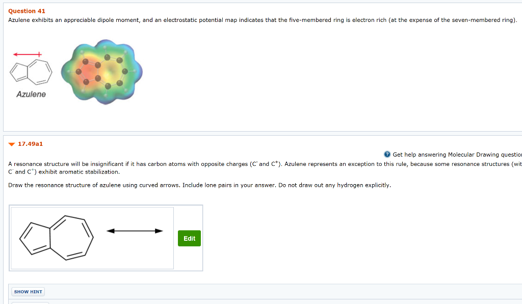 Solved Question 41 Azulene exhibits an appreciable dipole | Chegg.com