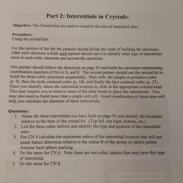 Part 2: Interstitials in Crystals: Objective: The | Chegg.com