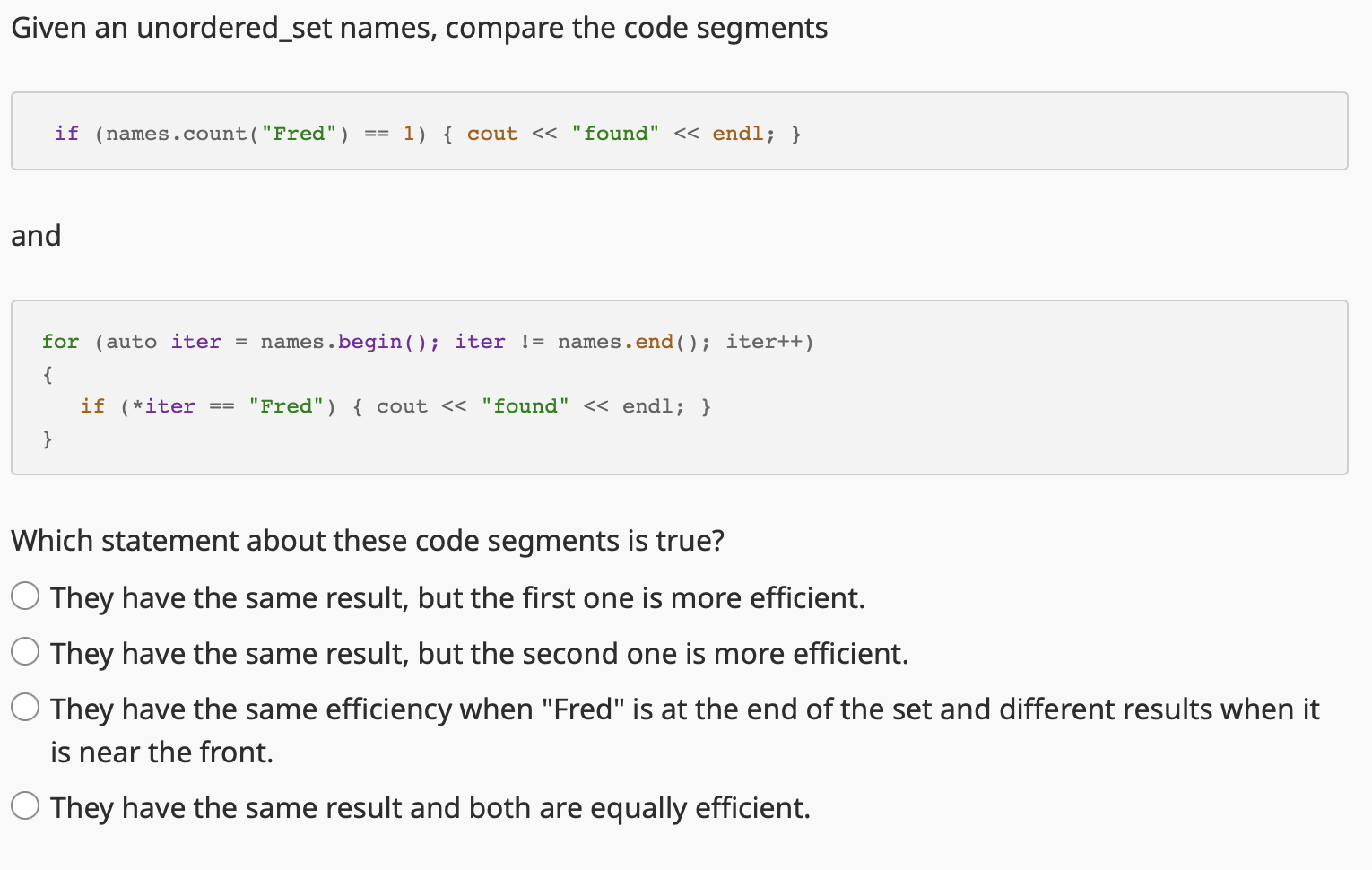 Solved Given an unordered_set names, compare the code | Chegg.com