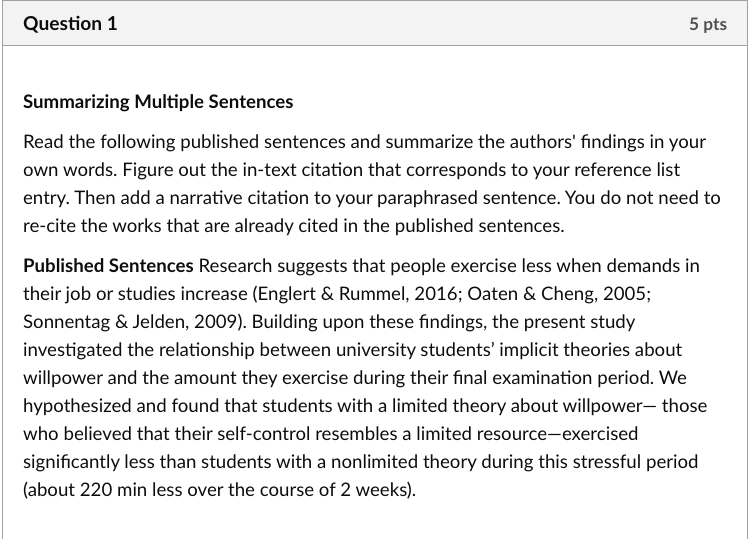 Solved Question 1 5 pts Summarizing Multiple Sentences Read | Chegg.com