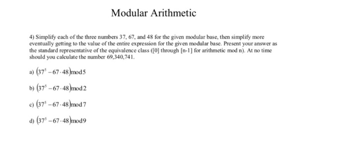 Solved Modular Arithmetic 4) Simplify each of the three | Chegg.com
