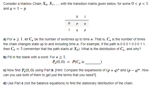 Solved Consider a Markov Chain X0,X1, ... with the | Chegg.com